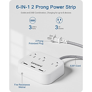 LENCENT 2 Prong Power Strip, 2 Prong to 3 Prong Outlet Adapter, 6.6 ft Braided Extension Cord with Polarized Plug, 3 AC Outlets & 3 USB(5V 3.4A Max), Wall Mountable, Ideal for Non-Grounded Outlets