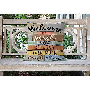 Jartinle Decorative Outdoor Pillow Covers Porch Rules Sign Farmhouse Throw Pillow Covers, Square Linen Patio Cushion Cases for Couch Bench Seat Chair Car 18x18 Inch