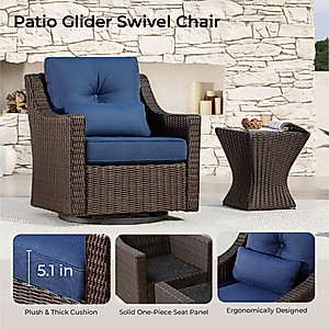 CHITA Patio Wicker Chair, 360° Rocking Swivel Outdoor Rattan Chair with Thickened Cushions for Backyard, Poolside, Garden or Porch, Blue Cushions with Chestnut Wicker