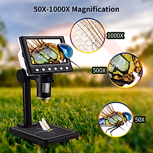 XClifes 4.3'' Digital USB Microscope, 1080p HD Microscope, 1000X Camera Sensor, Wired Remote Control, 8 LED Light, Adult Electronic Microscope, Compatible with Windows/Mac OS