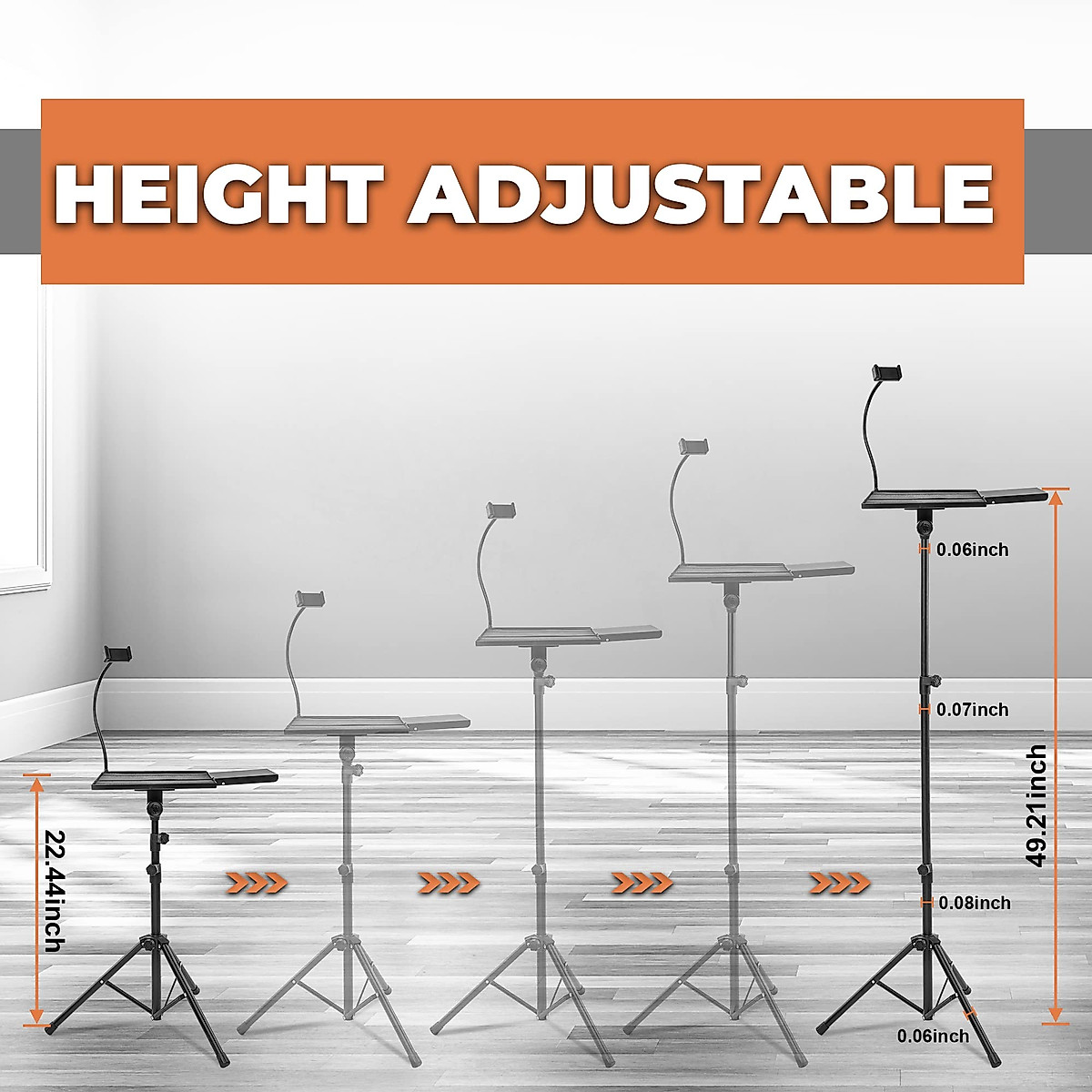 SCREENSEAT Projector Stand Tripod With Mouse Tray – Laptop Projector Tripod Stand Adjustable Height 23.4" to 48.3" With Gooseneck Phone Holder - Perfect Tripod for Office, Home, Outdoor DJ Equipment