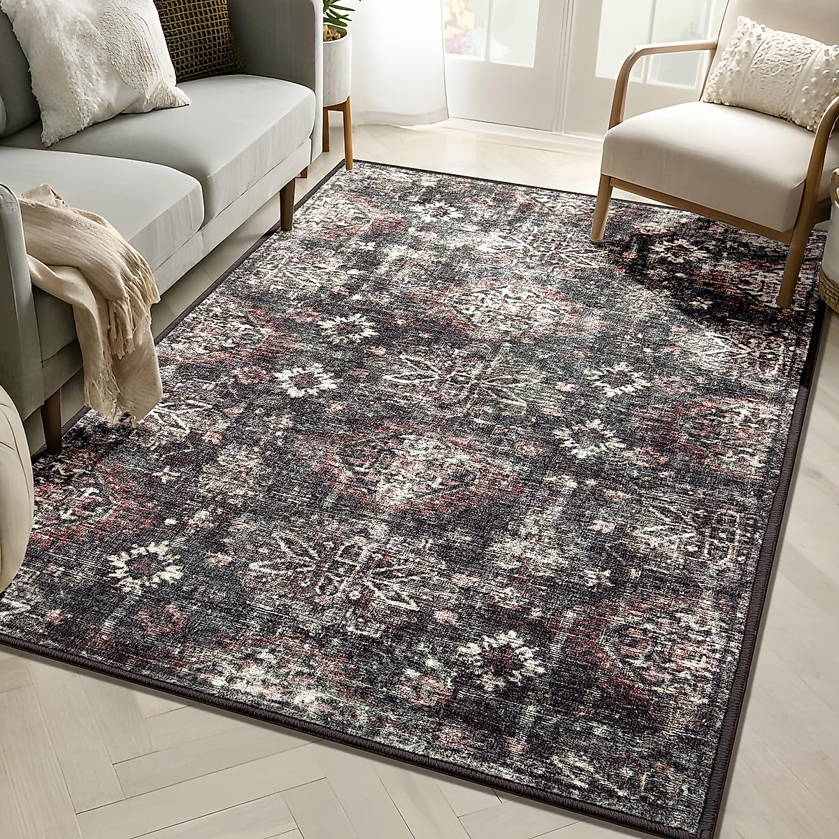 Castage Black Rug 3’x5’ Washable Area Rugs for Bedroom Living Room Kitchen Entryway Bathroom Boho Small Vintage Aztec Distressed Laundry Room Red Carpet Soft Non Slip