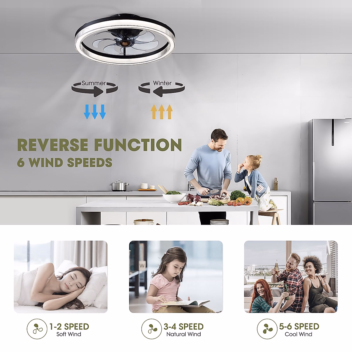 LUDOMIDE Ceiling Fans with Lights, 20" Low Profile Ceiling Fan with Light Remote Control, Flush Mount Fandelier Ceiling Fan 6 Wind Speeds 3 Color Changeable for Bedroom, Kitchen and Kids Room (Black)