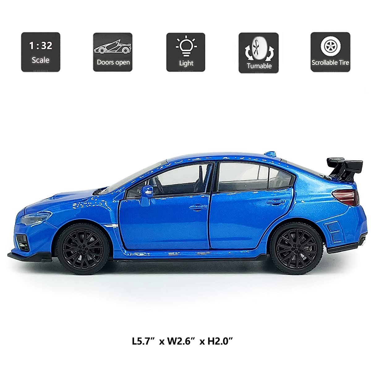 2016 Impreza WRX STI S207 Diecast Model Cars Racing Sports Toy Car 1/32 Scale Metal Children’s Die-cast Vehicles with Light, 4 Doors Open, Hood & Trunk Open, Toys for Boys Gifts Men, Blue