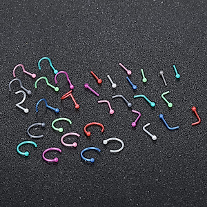 Oveta 32PCS Clear Nose Rings Studs for Work 20G Nose Piercing Retainer, Colorful Plastic Nose Stud L Shaped Bone Screw Nostril