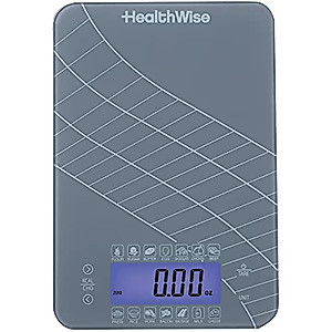 HealthWise Digital Kitchen Food Scale with Calorie & Carb Calculator Tempered Glass | Precision Measurements | Unit conversions: oz, lbs, g, ml | 14 pre-Set Foods, Gray (59-106)