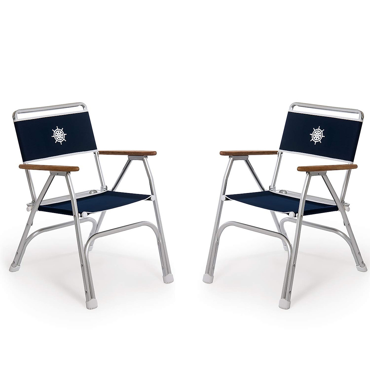 FORMA MARINE Boat Chairs Navy Blue Deck Folding Marine Aluminum Teak Furniture Set of 2 M100NB