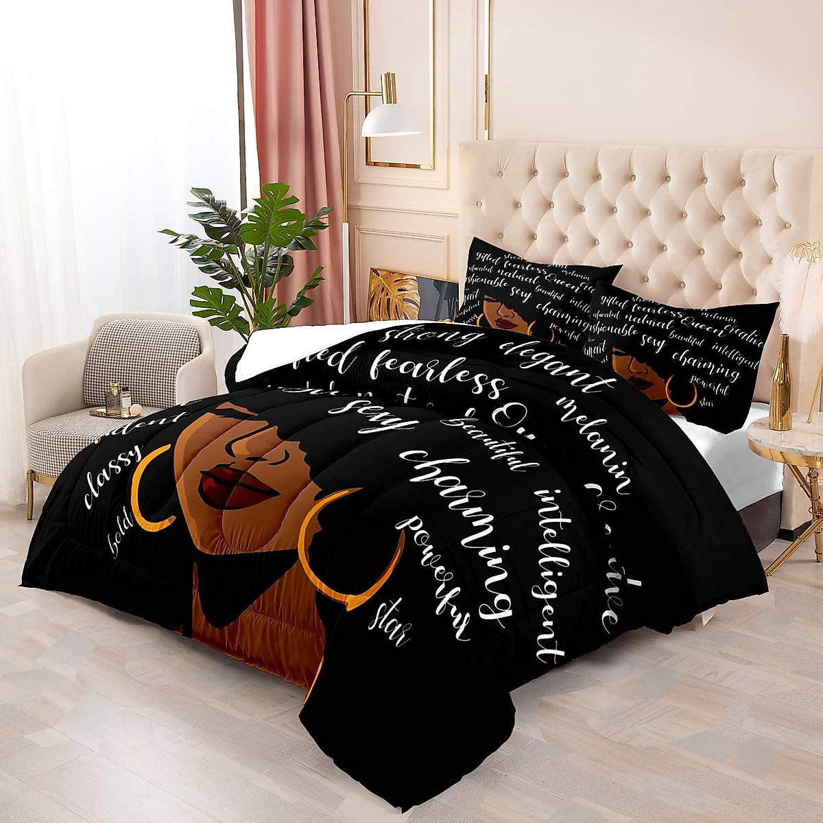 LUVIVIHOME 3PCS African American Black Girl Comforter Set King Size, Black Woman Afro Girl Melanin Queen Black Girl Magic Bedding for Teens, Black Quilt, Inspirational Gifts for Women, 2 Pillow Cases