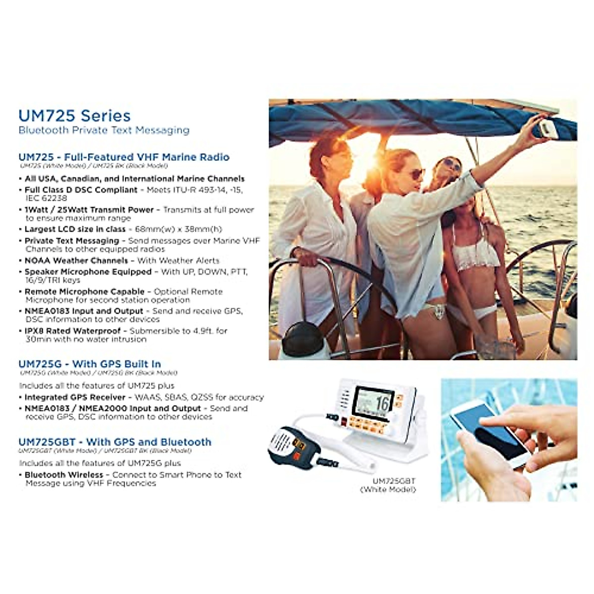 Uniden UM725G Marine VHF Radio, All USA, Canada, and Intl. Marine Channels, 1Watt/25Watt Transmit Power, Largest LCD Screen in Class, NOAA Weather Channels w/Alerts, Speaker Mic, GPS Built-in.