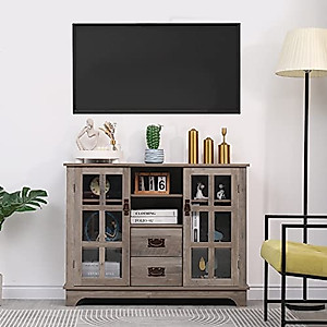 RICHRYCE Sideboard Buffet Storage Cabinet, Farmhouse TV Stand 2 Drawers, 3 Cabinets and Acrylic Doors for Kitchen Dining Room Furniture Cupboard Console Table(Grey)