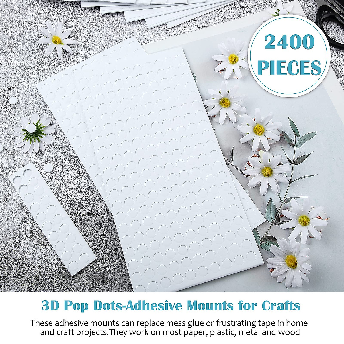 2400 Pieces Foam Dots Dual-Adhesive 3D Foam Tapes Foam Pop Dots Adhesive Mount for Craft DIY Art or Office Supplies, 12 Sheets, Round (0.31 Inch)