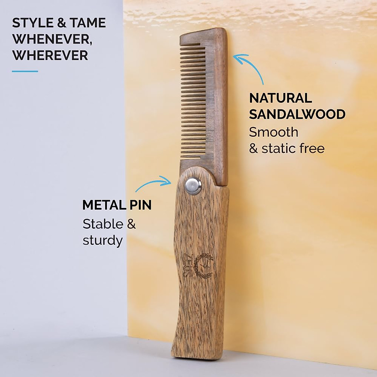 ZEUS Folding Mustache & Beard Sandalwood Comb, Handmade Saw-Cut Wooden Moustache & Beard Pocket Comb for Men (F31)