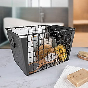 Spectrum Diversified Macklin, Stamped Steel & Wire Basket for Closet & Cubby Storage Vintage-Inspired Design with Customizable Label Plate, Medium, Industrial Gray