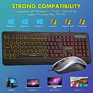 LED Keyboard and Mouse Combo USB Wired Characters Illuminzted Gaming Keyboard 3600 DPI Optical Mouse Compatible with Windows Linux Mac MacBook Computer Laptop