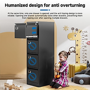 BYNSOE 4 Drawer File Cabinet with Lock Metal Vertical File Cabinet Office Home Vertical File Cabinet for A4 Legal/Letter Size Narrow File Cabinet Locked,Assembly Required (Black, 4 Drawers- Vertical)