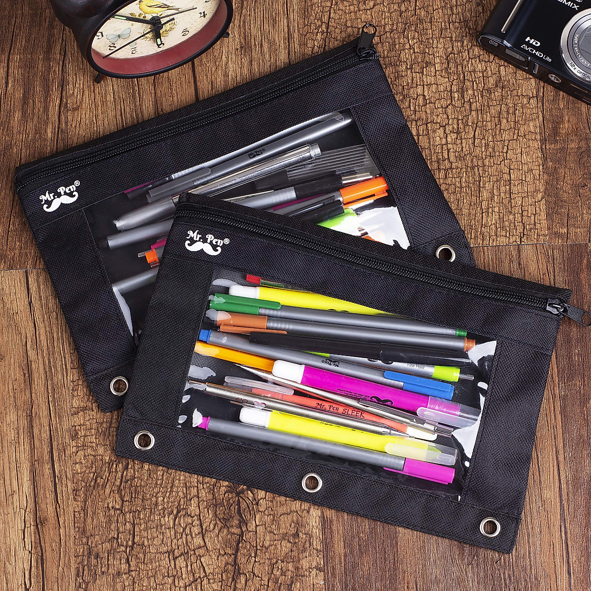 Mr. Pen Fabric Pencil Pouch with 3 Binder Holes, Black, Set of 2