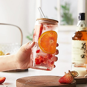 Sohapy Drinking Glasses 4pcs Set, Can Shaped Cups with Bamboo Lids and Glass Straw, 16oz Beer Glasses, Tumbler Cup, Wine Whiskey Cups Iced Coffee Glasses, Ideal for Cocktail, Gift - 2 Cleaning (4)