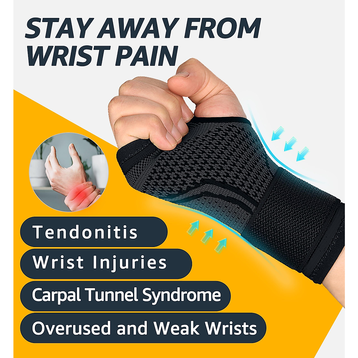 HiRui 2-Pack Wrist Brace Wrist Wraps, Hand Compression Sleeves with Wrist Straps Support for Fitness Weightlifting MTB Tendonitis Carpal Tunnel Arthritis Pain Relief (Black, Medium)