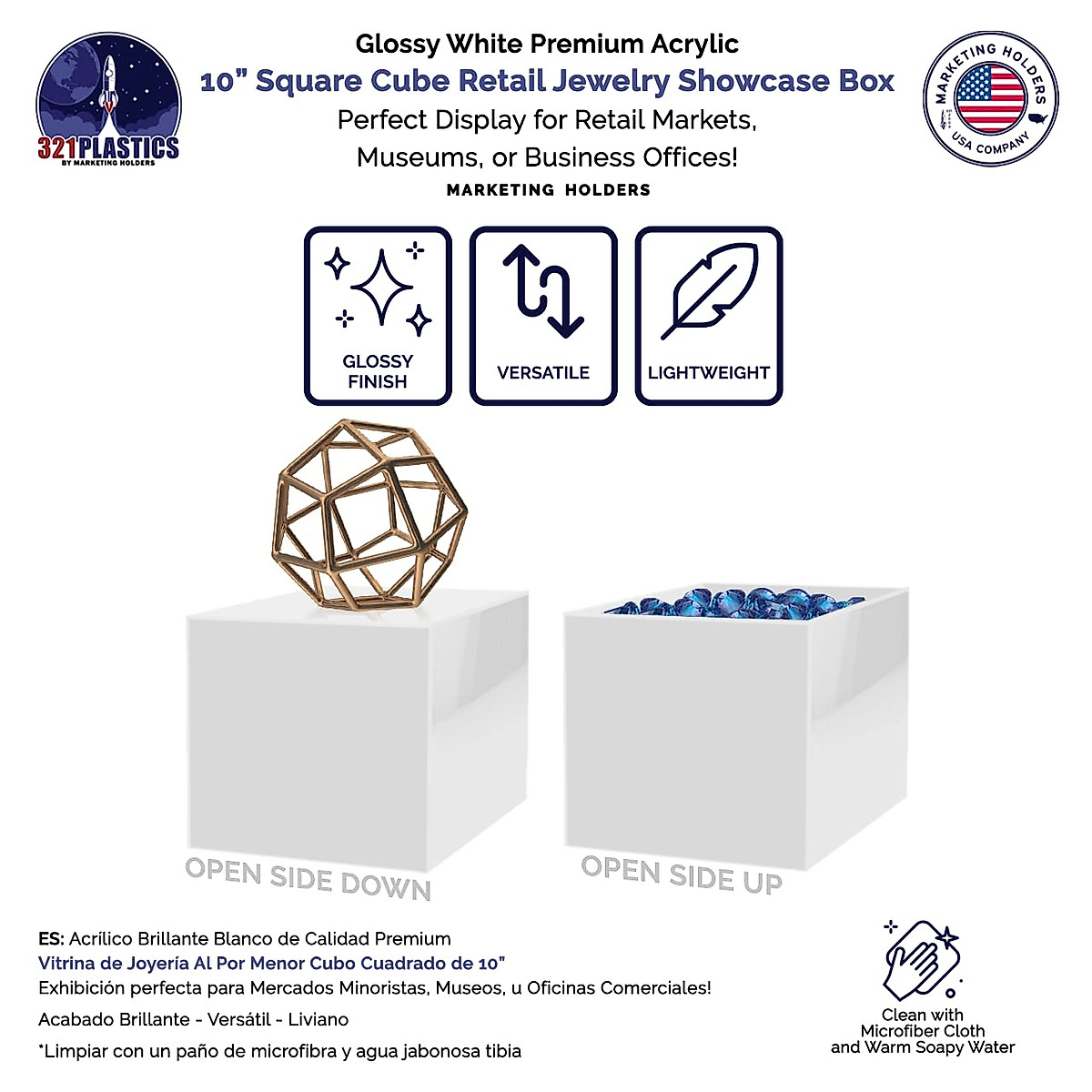 10" Acrylic Display Riser Box with One Open Side No Lid Versatile Glossy White Square Lucite Retail Product Platform or Merchandise Storage Bin by Marketing Holders