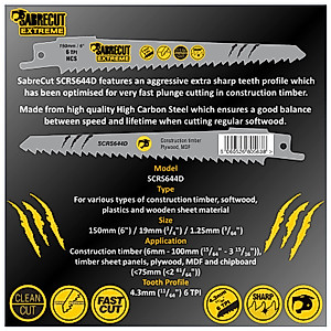 10 x SabreCut SCRS644D_10 5 15/16" (150mm) 6 TPI S644D Fast Wood Cutting Reciprocating Sabre Saw Blades Compatible with Bosch Dewalt Makita and many others