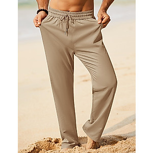 iWoo Mens Elastic Waist Drawstring Pants With Pockets Beach Linen Pants Men Dk Xxl