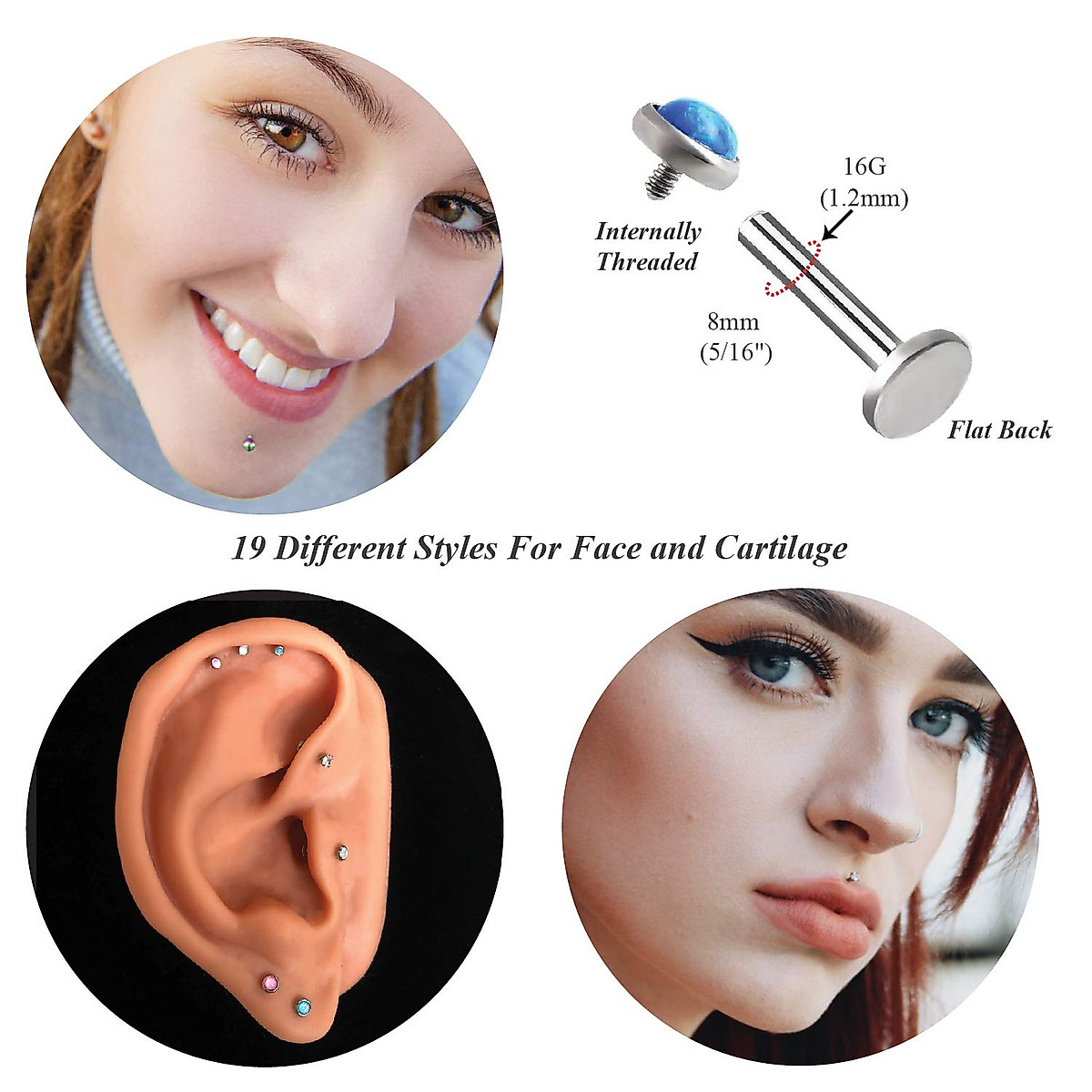 BodyJ4You 19PC Labret Stud Straight Tragus Bar Set 16G Rose Goldtone Lip Retainer Piercing Jewelry