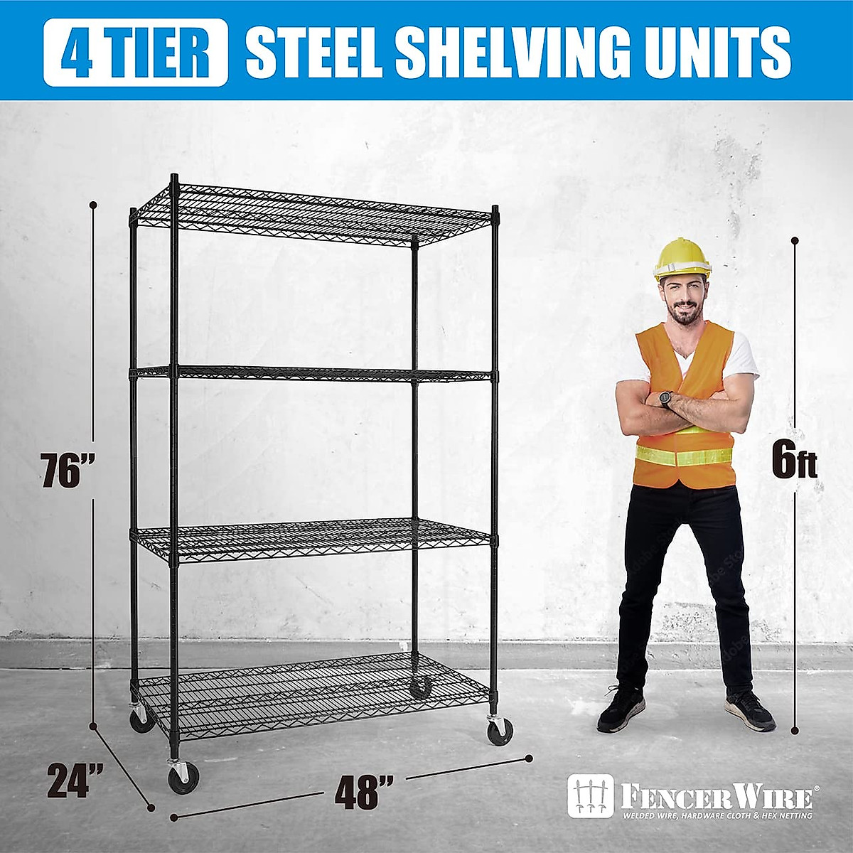 Fencer Wire 4-Tier Commercial Grade Heavy Duty Adjustable Height Wire Shelving w/Casters & Leveling Feet, Garage Shelving Storage Organizer, Storage Metal Steel Shelf, Utility Storage Shelf, Black.