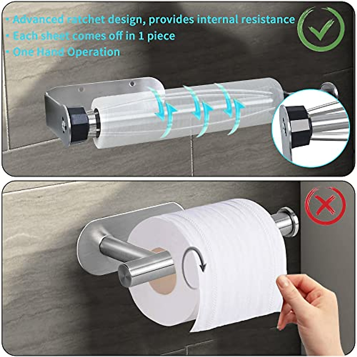 Paper Towel Holder Under Cabinet with Damping Effect, Brushed Nickel Single Hand Operable Self-Adhesive or Drilled Under Counter Paper Towel Holder Wall Mount for Kitchen Bathroom - Silver
