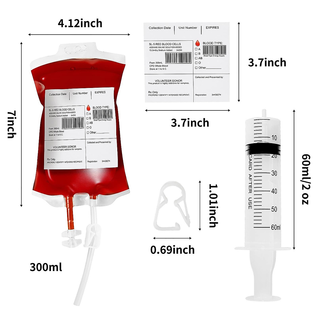 50 Packs Halloween Blood IV Bags for Drinks, Halloween Drinks Pouches Reusable Juice Container for Zombie Theme Carnival Vampire Party Decorations Supplies, 12.6 fl.oz (50pcs Bag, 50 Label,3 Syringes)