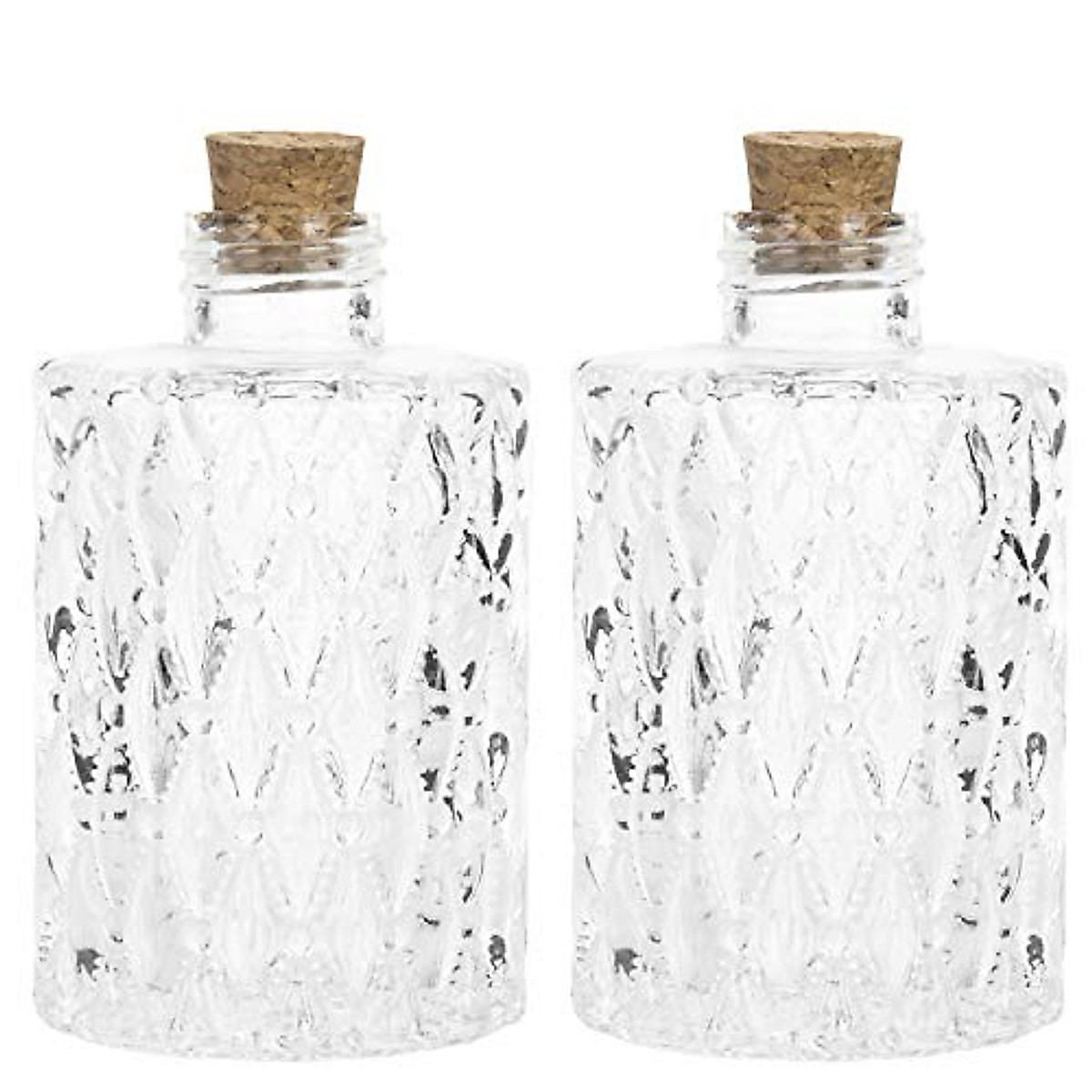 MyGift Small Clear Glass Reed Diffuser Bottles, Vintage Embossed Apothecary Style Flower Bud Vases with Cork Lids, Set of 2
