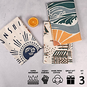 Folkulture Dish Towels for Drying Dishes and Spring Table Runners with Tassels for Farmhouse Decor, Boho Set of 3 Kitchen Towels and Ribbed Boho Table Cover for Rustic Wedding Decoration