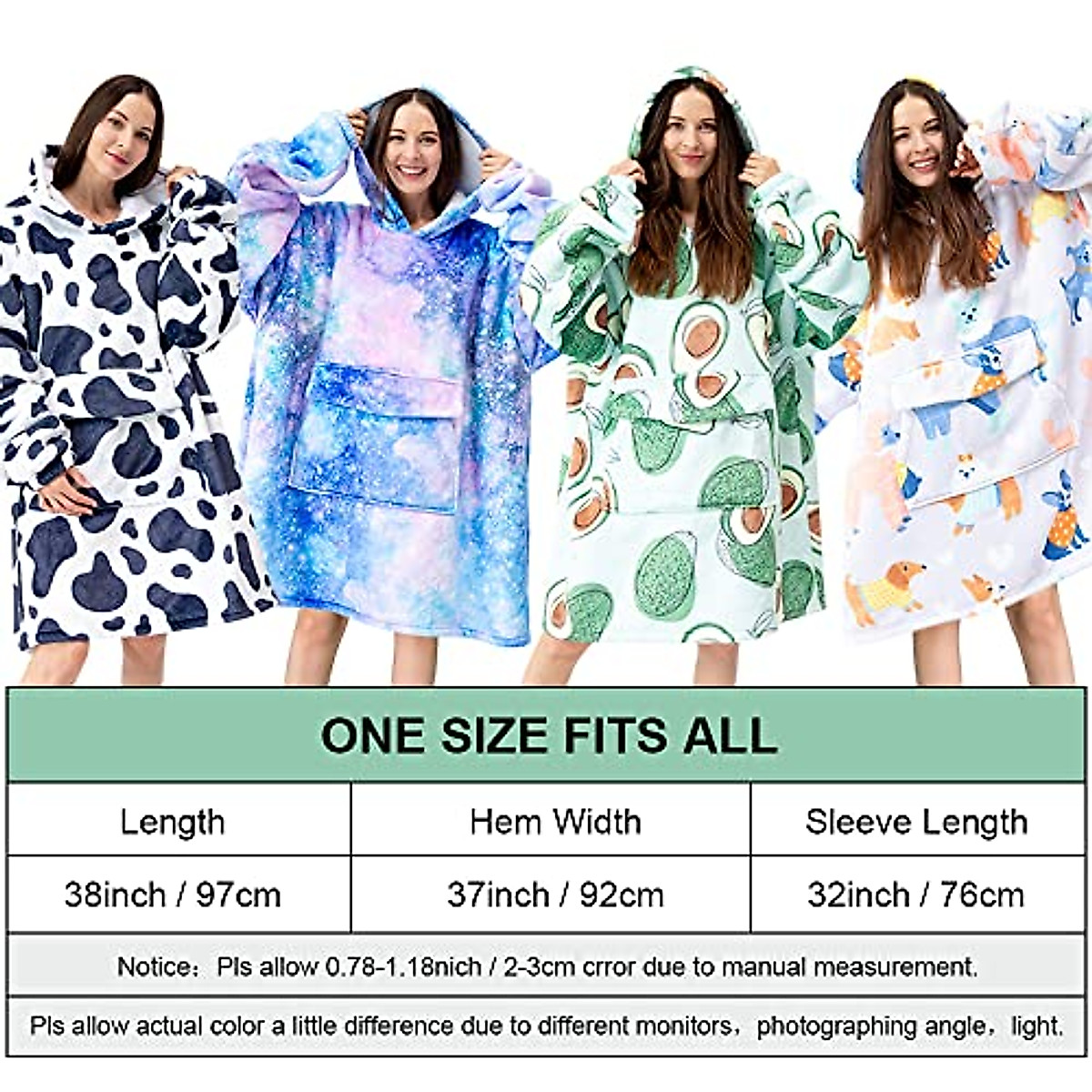 Wearable Blanket Hoodie for Adult Women Men,Oversized Sherpa Sweatshirt Wearable Blanket with Giant Pocket,Super Warm Soft Flannel Hooded Blanket,Cow Print