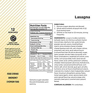 Augason Farms Italiano Marinara Lasagna Super CAN with 3 Pouches, 29.2 Oz