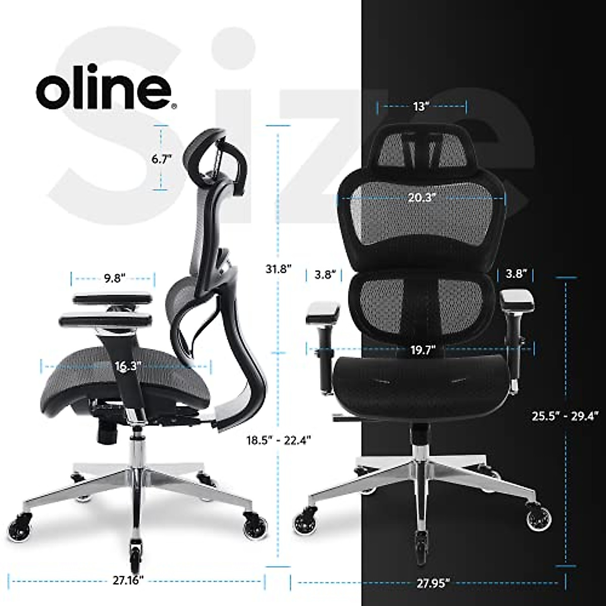 Oline ErgoPro Ergonomic Office Chair - Rolling Desk Chair with 4D Adjustable Armrest, 3D Lumbar Support and Blade Wheels - Mesh Computer Chair, Gaming Chairs, Executive Swivel Chair (Black)