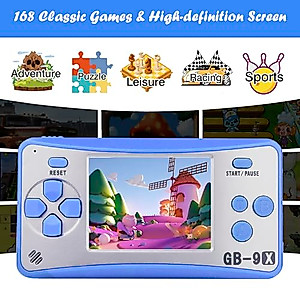 JJFUN Mini Handheld Games for Kids Portable Retro Video Game Player Built-in 168 Classic Games 2.5 inches LCD Screen Arcade Gaming System Xmas Present for Boys Girls Ages 4-12 (Blue+Silver)