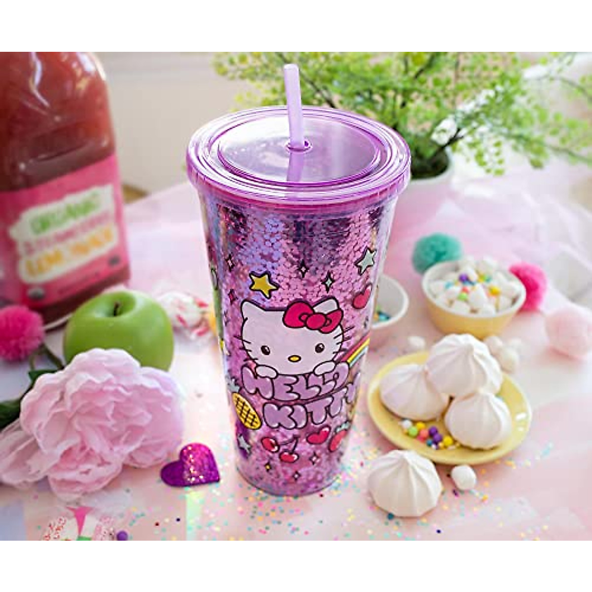 Silver Buffalo Sanrio Hello Kitty Rainbow Confetti Carnival Cup with Lid and Straw | 32 Ounces