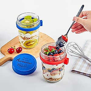 ZORRITA 4 Pack Overnight Oats Containers with Lids and Spoons, 12 oz To Go Oatmeal Container with Measurement Marks Glass Mason Jars with Lid for Yogurt Cereal Fruit Salad Parfait On The Go