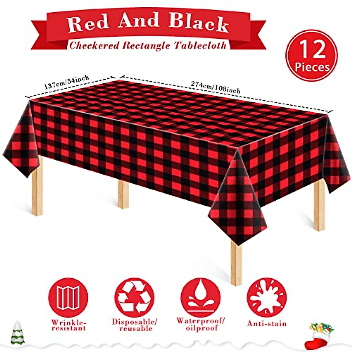 12 Pieces Plastic Checked Picnic Tablecloth Rectangle Disposable Gingham Table Cloth Waterproof Camping Table Covers for Barbecue Holiday Birthday Parties, 54 x 108 Inch, Red Checkered