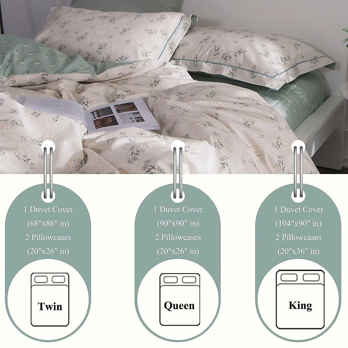 VClife Soft Cotton Queen Duvet Cover Breathable Beige Sage Green White Floral Bedding Duvet Cover for Girl Skin-Friendly Bedding Duvet Cover with Zipper Closure - 1 Duvet Cover and 2 Pillowcases