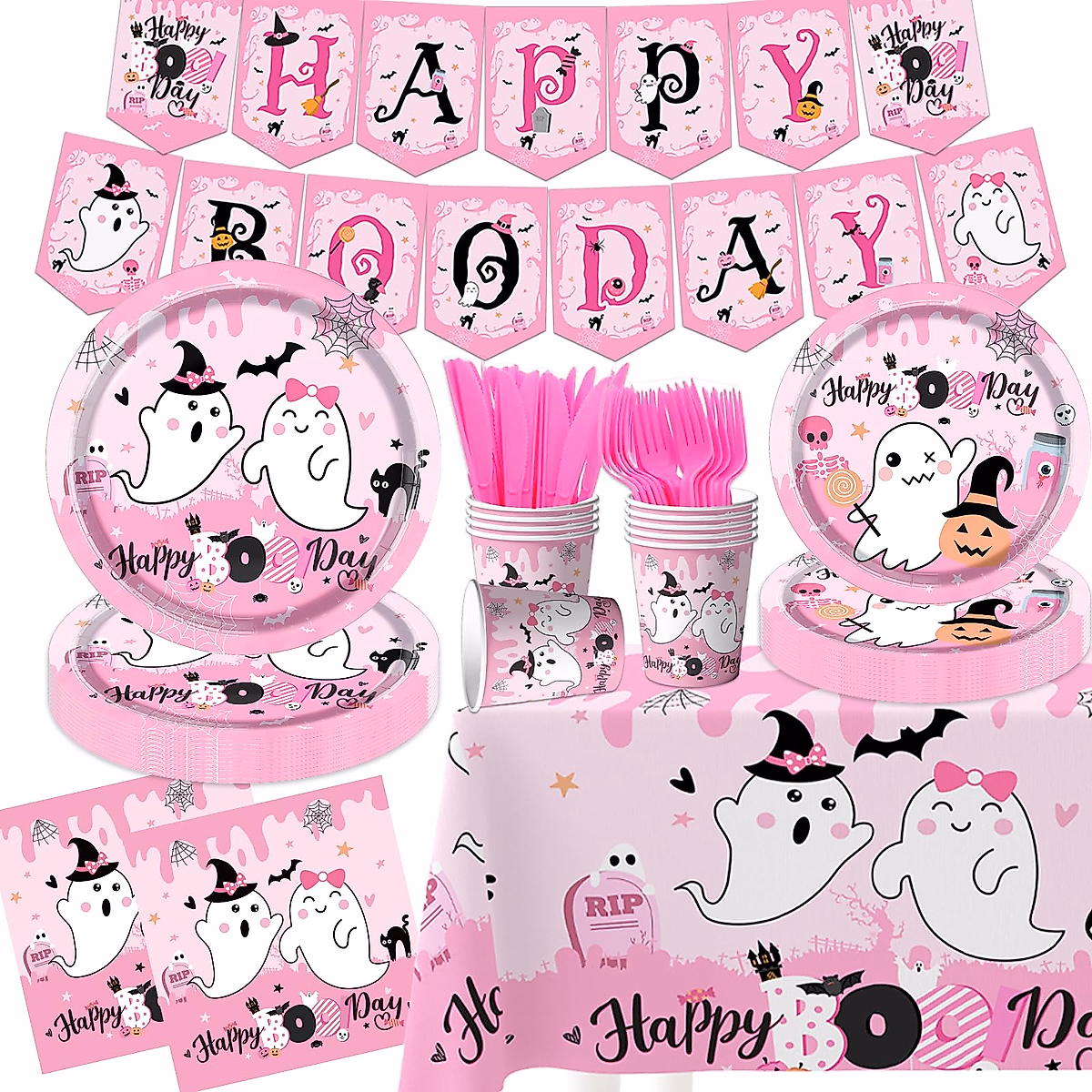 142Pcs Halloween Party Tableware Decorations Happy Boo Day Tableware Set Pink Halloween Ghost Party Supplies Halloween Birthday Tableware Plates Napkins Cups Banner for Kids …