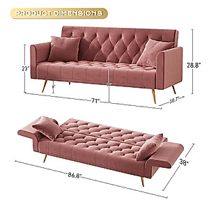 OUYESSIR 71" Velvet Futon Sofa Bed, Small Couch, Loveseat, Convertible Futon Sleeper Sofa with Folding Armrests and 2 Pillows, Modern Couch for Bedroom, Living Room (Rose Pink)