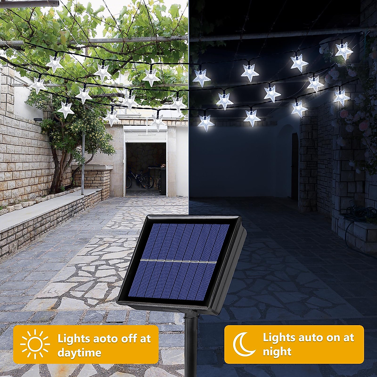 iBaycon Solar Star Lights Outdoor, 32Ft 50LED Star Christmas String Lights, 8 Modes Solar Powered Lights String for House Eaves Roof Christmas Holiday Decorations