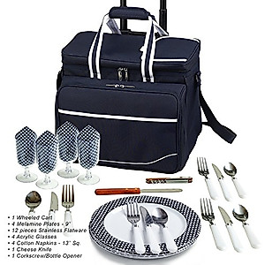 Picnic at Ascot Original Insulated Picnic Cooler with Service for 4 on Wheels-Designed & Assembled in the USA