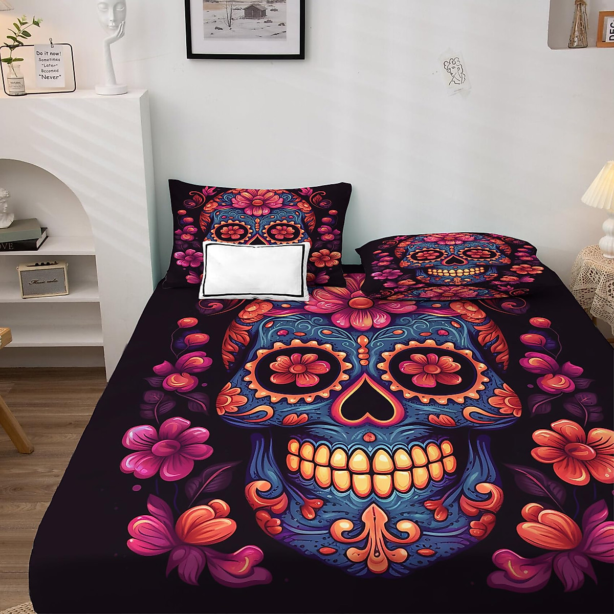 Sugar Skull Sheets Twin Size, Day of The Dead Bed Sheets, Patterned Bedding Sheets & Pillowcases 3 Piece Set - Soft Microfiber Deep Pocket Fitted Sheet & Flat Sheet & Pillow Case Z3-&-160