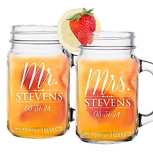 My Personal Memories Set of 2 Mr and Mrs Personalized Mason Jar Glasses - Engraved, Custom, Monogrammed Barware Glassware Gifts