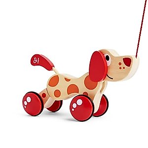 Walk-A-Long Puppy Wooden Pull Toy by Hape | Award Winning Push Pull Toy Puppy For Toddlers Can Sit, Stand and Roll. Rubber Rimmed Wheels for Easy Push and Pull Action, Red , Red/Orange