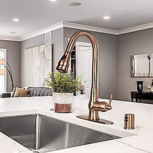 One-Handle Pull-Down Kitchen Faucet Single Level Solid Brass Kitchen Sink Faucet with Deck Plate (Antique Copper)