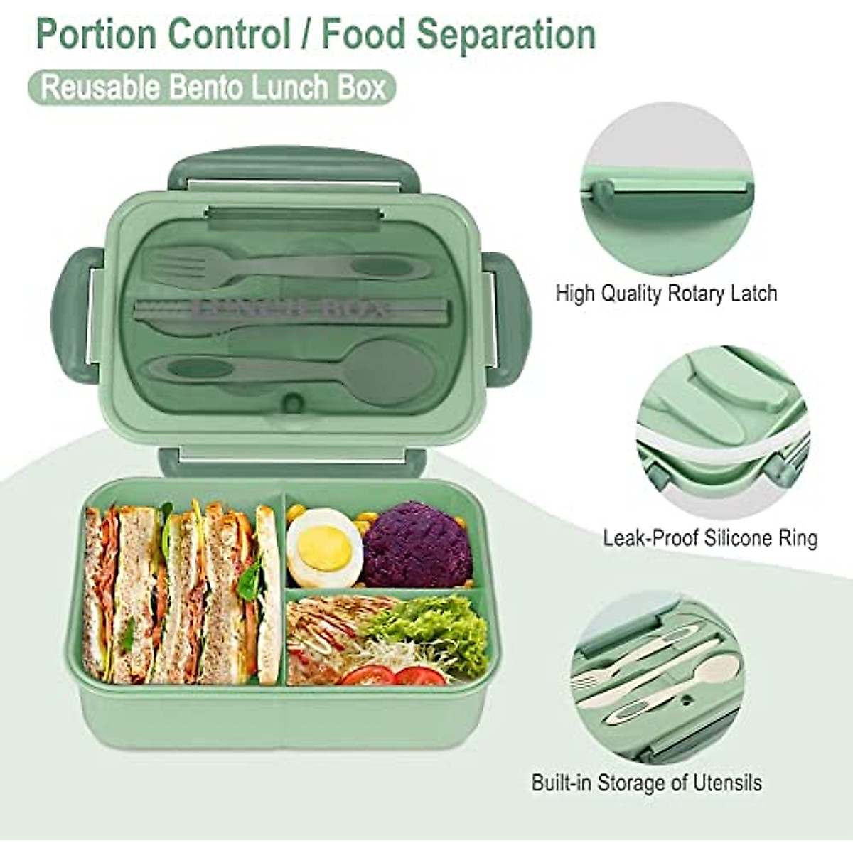 Bento Boxes For Adults-Leak Proof 3 Compartment Lunch Box For Kids & Adults Eat Out & Snacks - BPA Free Dishwasher Safe - Food Safe Materials(Green)
