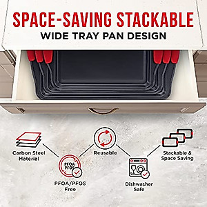 Baking Pan Set – 3 Piece Cookie Sheet – Deluxe Black Non-Stick Carbon Steel – Silicone Handles – Commercial Grade Restaurant Quality – PFOA PFOS and PTFE Free by Bakken