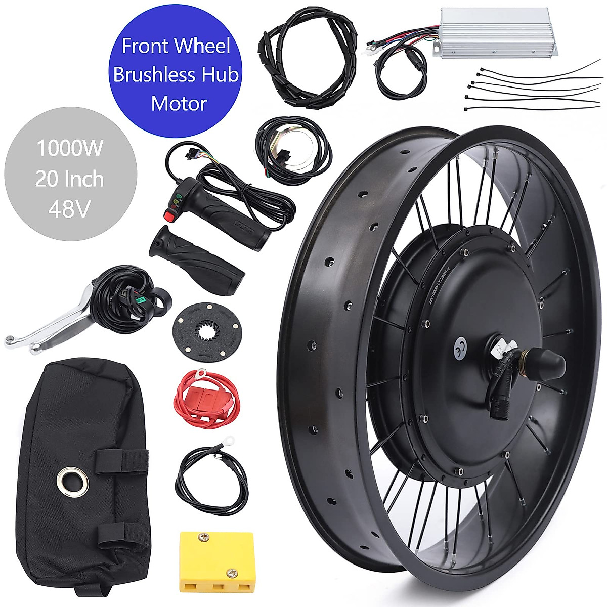 RIAHNEAH E-Bicycle Conversion Kit, 48V 1000W 20" Front Wheel Electric Bicycle Conversion Kit, Electric Bicycle Brushless Gearless Hub Motor Kit 48km/h High Speed Motor Wheel Kit